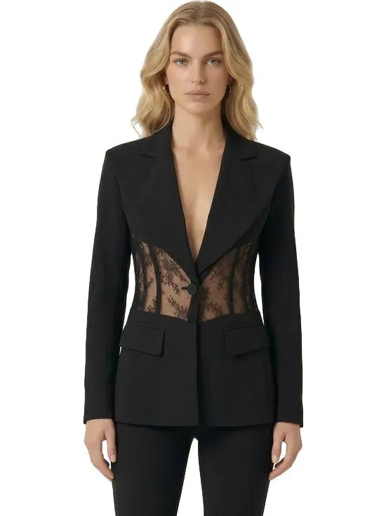 MODENAIRE Lace Paneled Blazer - Black