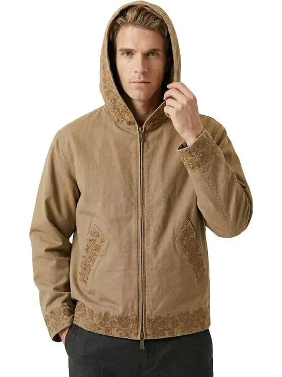 MODENAIRE Embroidered Trim Hooded Jacket - Tan