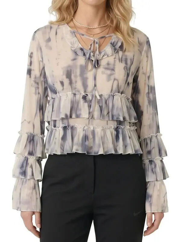 MODENAIRE Ruffle Blouse With Tie Neck Detail - Cream/charcoal