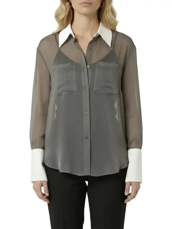 MODENAIRE Sheer Button-up Blouse With Contrast Details - Charcoal Grey