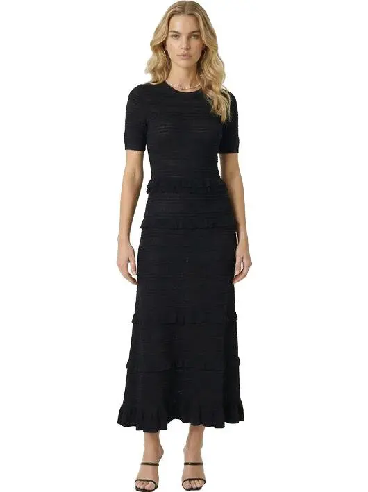 MODENAIRE Textured Knit Midi Dress With Ruffle Trim - Black