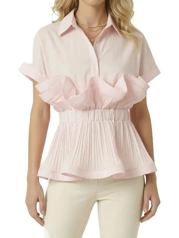 MODENAIRE Ruffle Peplum Blouse - Pale Pink
