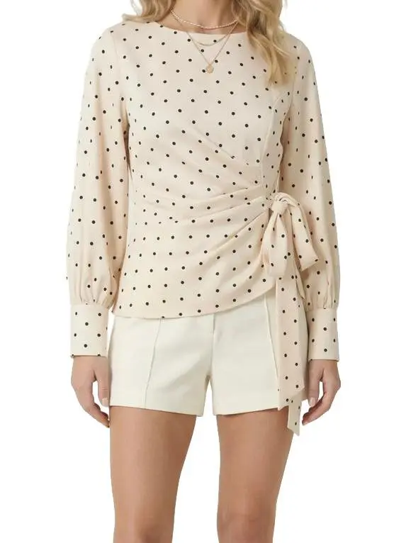 MODENAIRE Polka Dot Wrap Top - Beige With Black Polka Dots