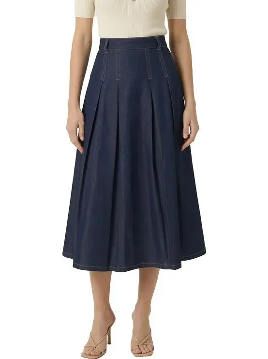 MODENAIRE High-waist Pleated A-line Midi Skirt - Navy Blue