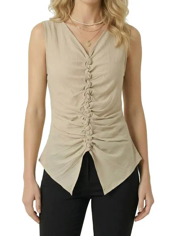 MODENAIRE Ruched Sleeveless V-neck Top With Pointed Hem - Beige