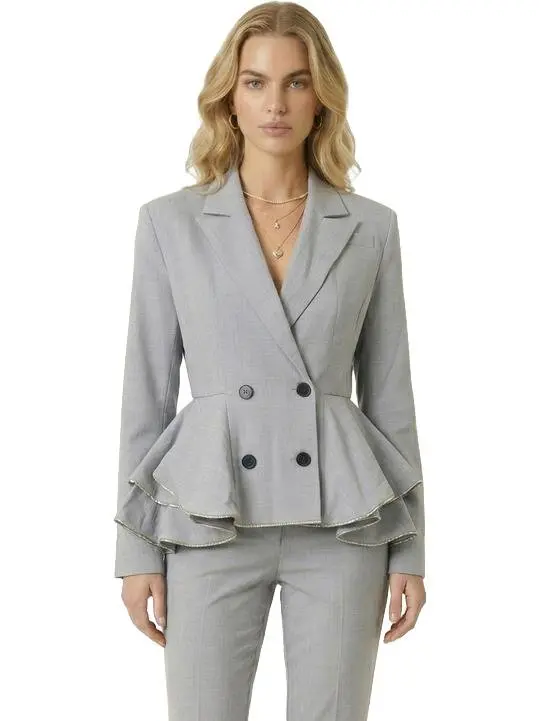 MODENAIRE Double-breasted Tailored Peplum Blazer - Light Grey