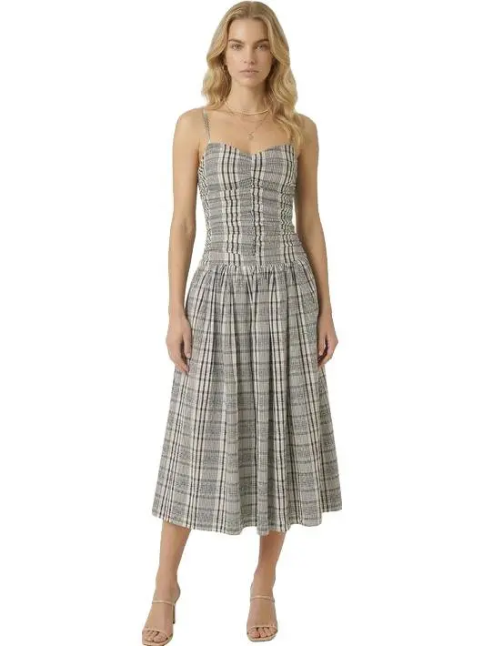 MODENAIRE Plaid Smocked Bodice Midi Dress - Charcoal Plaid
