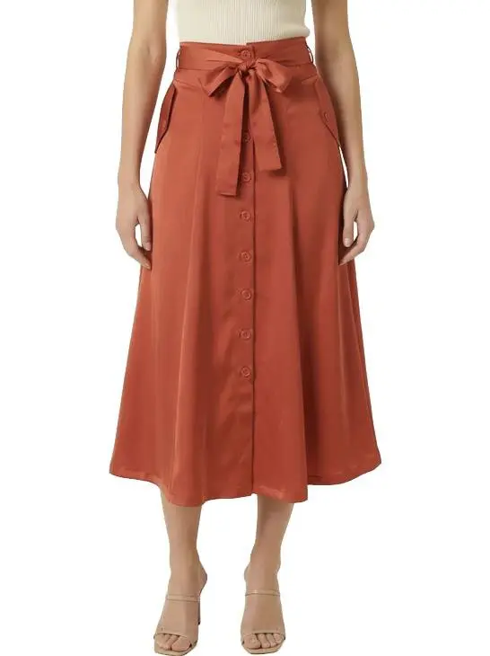 MODENAIRE Midi Skirt With Button-front Closure And Waist Tie - Rust