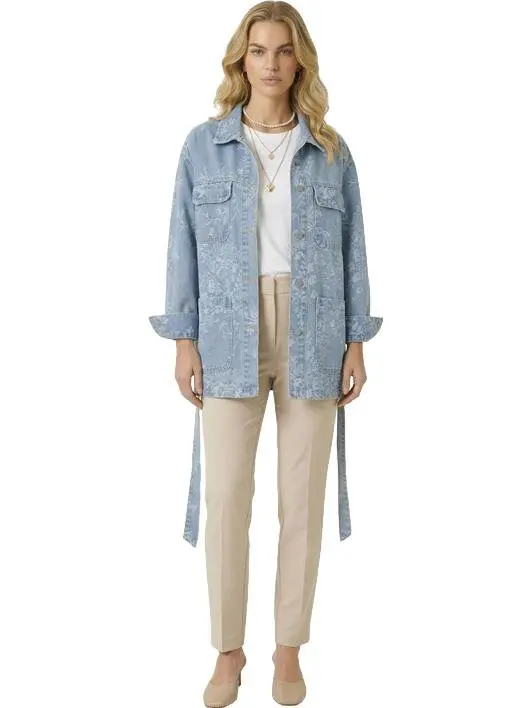 MODENAIRE Floral Jacquard Denim Jacket - Light Blue