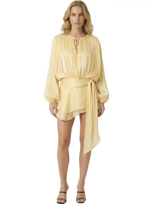 MODENAIRE Pleated Mini Dress With Tie Waist - Pale Yellow