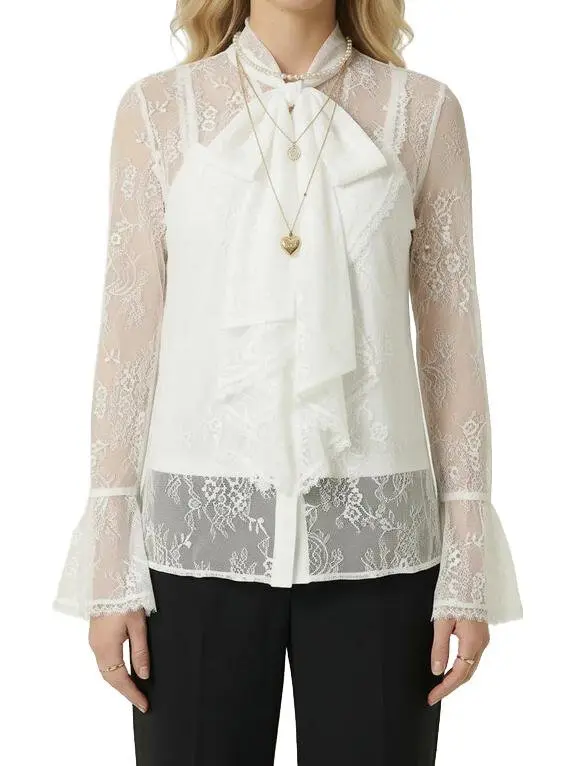 MODENAIRE Sheer Lace Bow-tie Ruffle Blouse - White