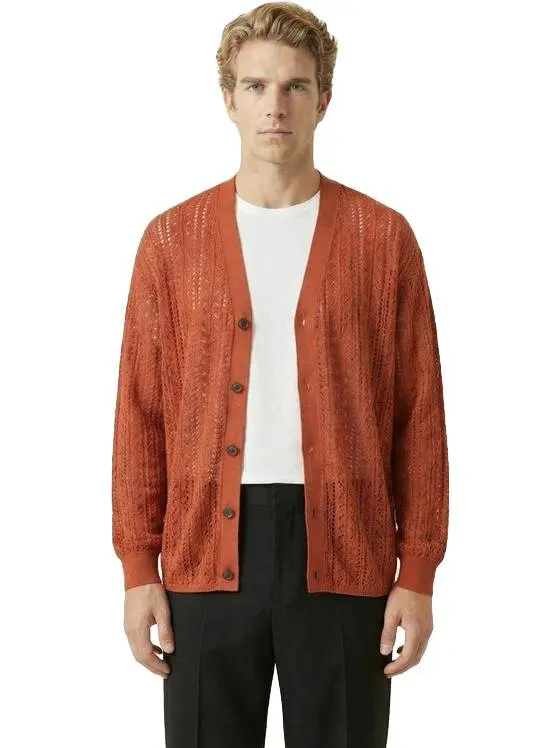 MODENAIRE Open Knit Textured Cardigan - Rust Orange