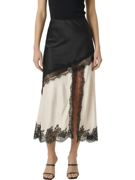 MODENAIRE Lace Trim Asymmetric Satin Midi Skirt - Beige