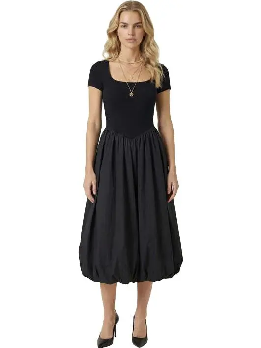 MODENAIRE Short Sleeve Bubble Hem Midi Dress - Black