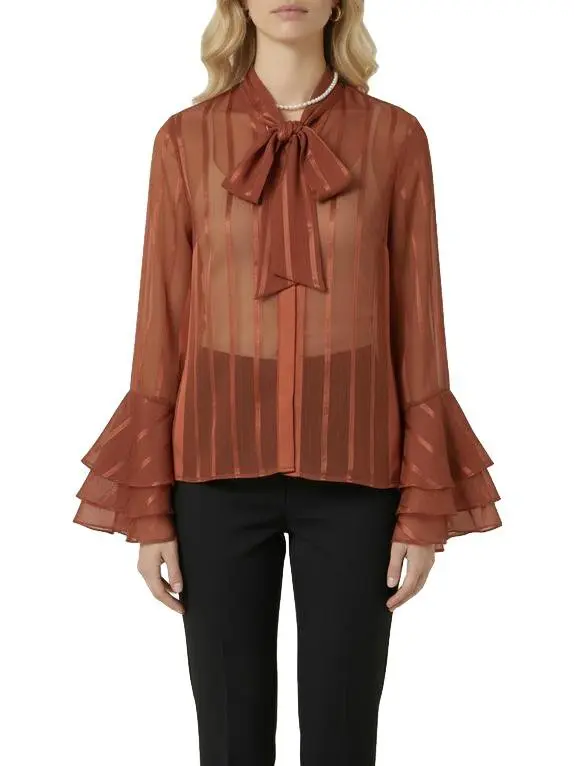 MODENAIRE Sheer Tie-neck Blouse With Bell Sleeves - Burnt Orange