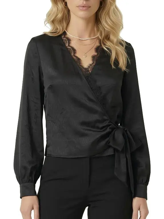 MODENAIRE Lace Trim Wrap Blouse - Black