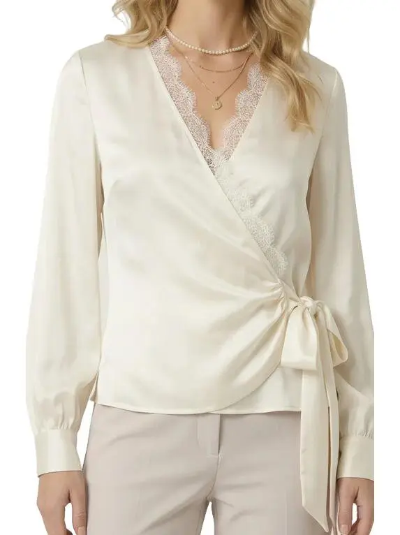 MODENAIRE Lace Trim Wrap Blouse - Cream