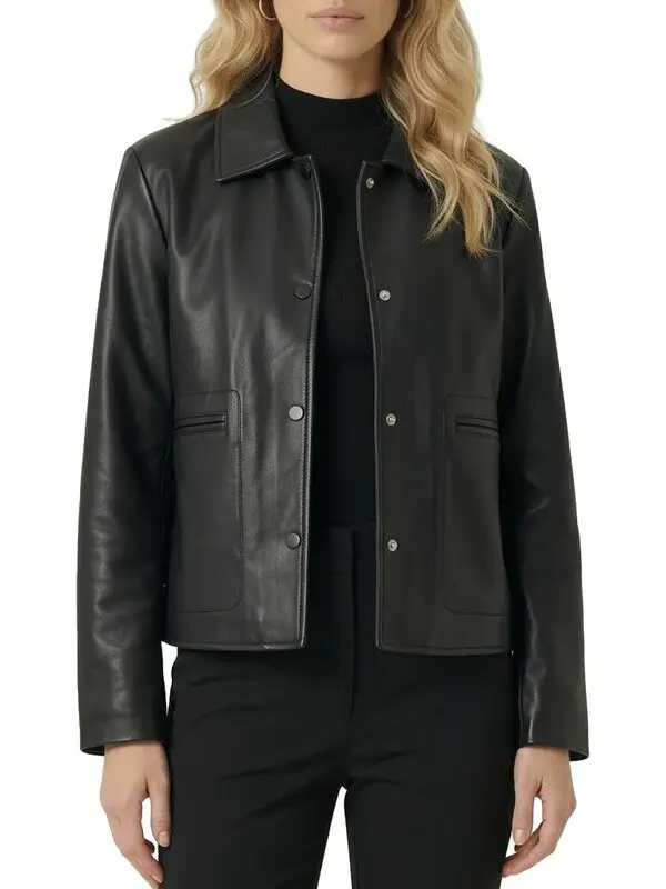 MODENAIRE Leather Button Front Jacket - Black