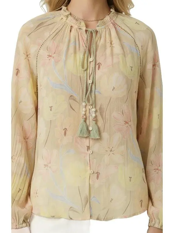 MODENAIRE Floral Print Blouse With Tassel Tie - Beige Floral