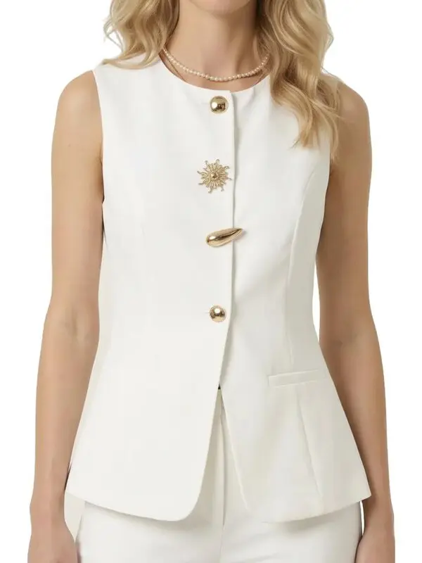 MODENAIRE Sleeveless Tailored Blazer Top With Buttons - White