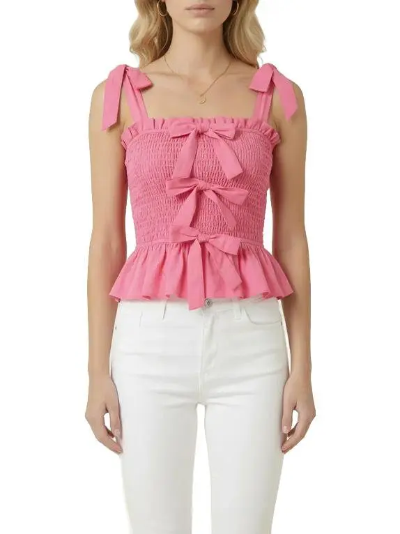 MODENAIRE Smocked Peplum Top With Bow Tie Straps - Pink