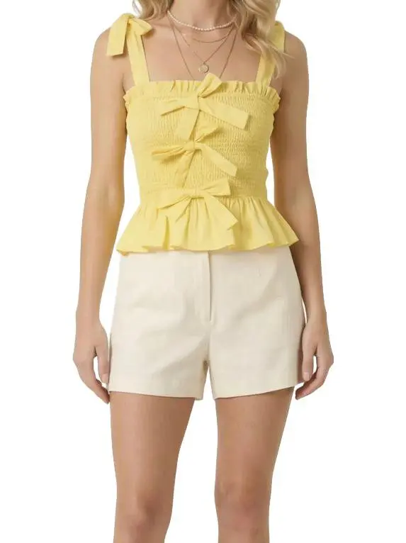 MODENAIRE Smocked Peplum Top With Bow Tie Straps - Yellow