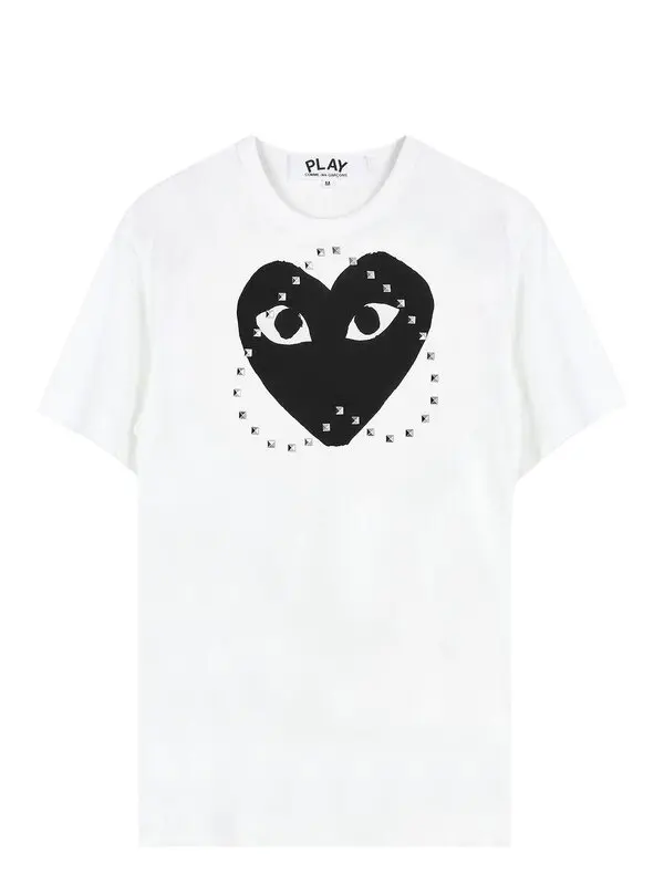Play Comme Des Garcon Logo Heart Print Studded Tee - White