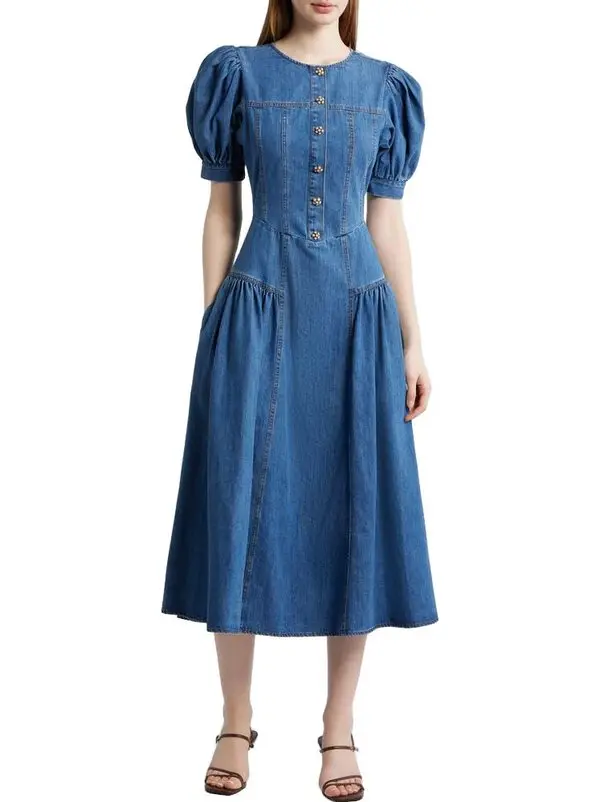 FREEMARKET Cotton Blend Puff Sleeve Midi Dress - Denim