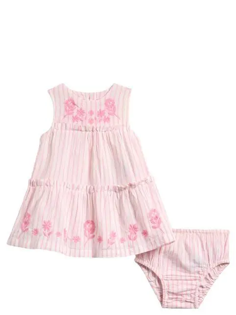 Boden Tiered Ruffle Cotton Dress With Bloomers - Pink Embroidered Stripe