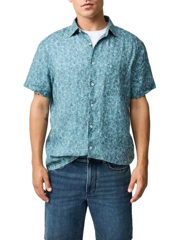 Rodd & Gunn Whitlaker Leaf Print Short Sleeve Linen Button-up Shirt - Bluestone