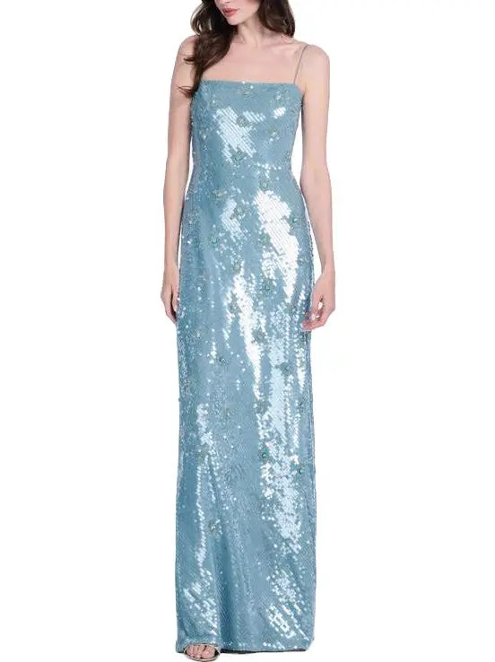 EMILY SHALANT Beaded Floral Sequin Gown - Light Blue