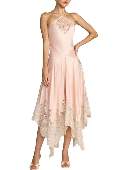 Mac Duggal Charmeuse Lace Detail Asymmetrical Hem Midi Dress - Ballet Slipper