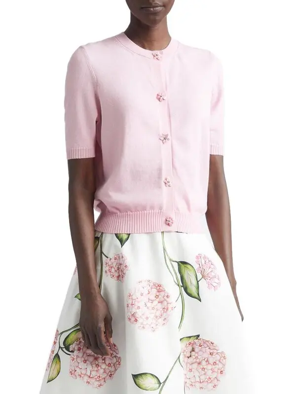 Oscar De La Renta Floral Button Crop Virgin Wool Cardigan - Pink/pink