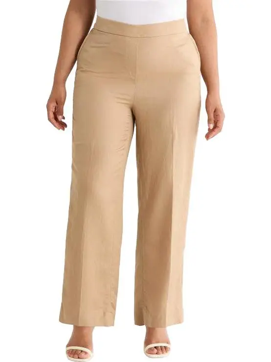 KASPER The Audrey Pull-on Straight Leg Linen Blend Pants - Toasted Wheat