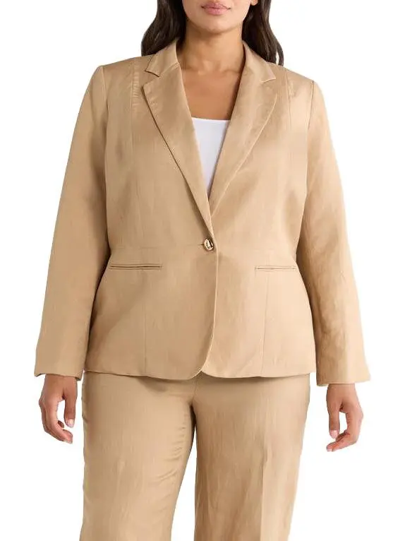 KASPER One-button Linen Blend Peplum Blazer - Toasted Wheat