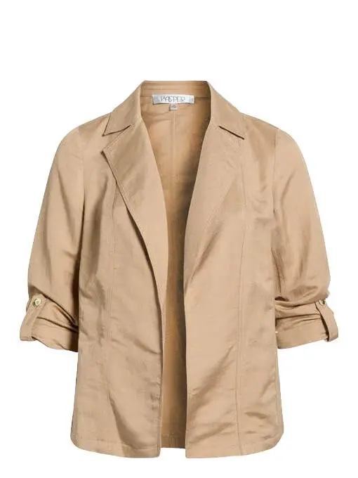 KASPER Seamed Open Front Linen Blend Jacket - Toasted Wheat