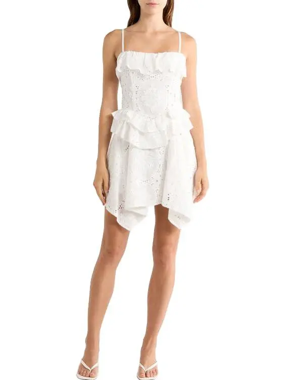 Avec Les Filles Ruffle Handkerchief Hem Cotton Broderie Anglaise Sundress - White