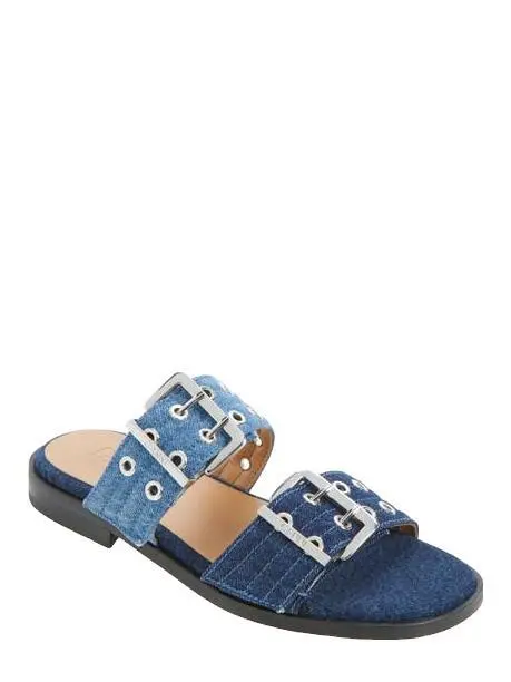 GANNI Buckle Strap Denim Slides - Mid Blue Vintage