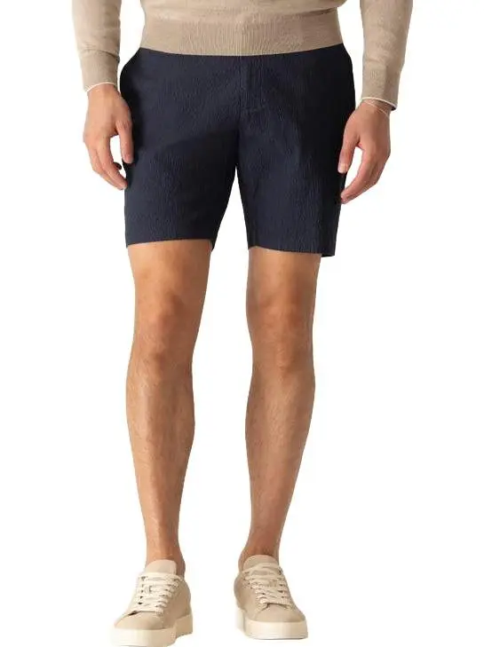 DEKE Stretch Seersucker Bermuda Shorts - Indigo Mini Check