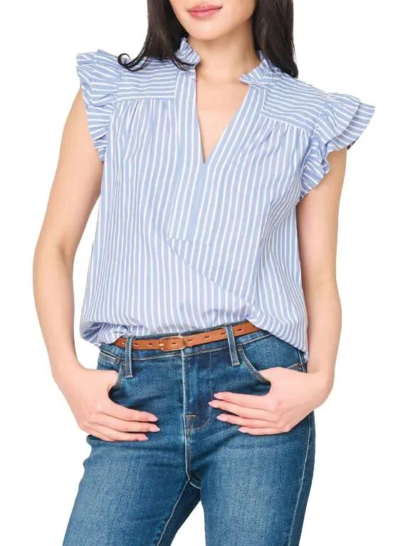 GIBSONLOOK Stripe Flutter Sleeve Poplin Top - French Blue White Stripe