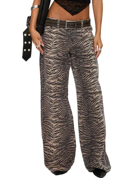 Princess Polly Radigal Tiger Print Wide Leg Jeans - Brown