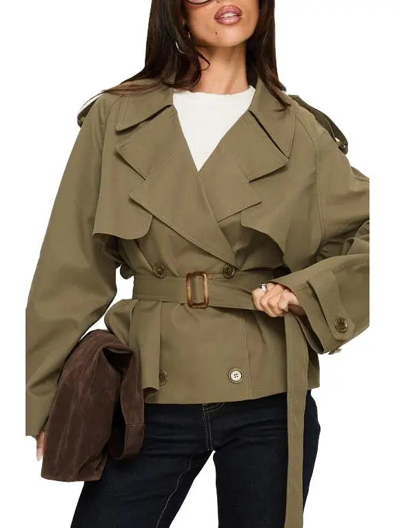 Princess Polly Eldora Double Breasted Belted Crop Trench Coat - Green