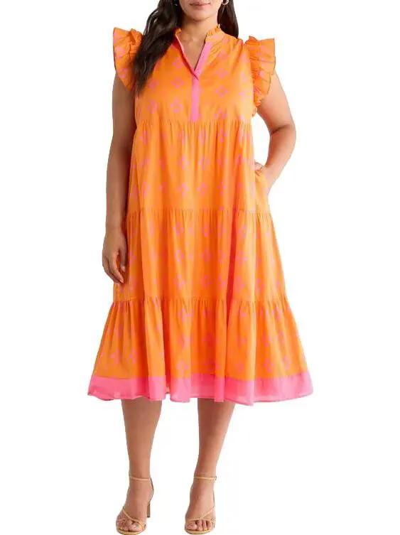 SUGARLIPS Donna Dot Mirna Tiered Midi Dress - Orange-pink