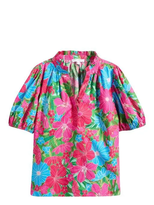 SUGARLIPS Floral Print Split Neck Top - Pink-blue-green