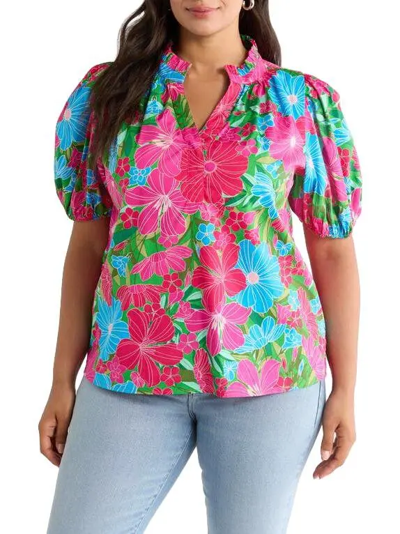 SUGARLIPS Floral Print Split Neck Top - Pink-blue-green