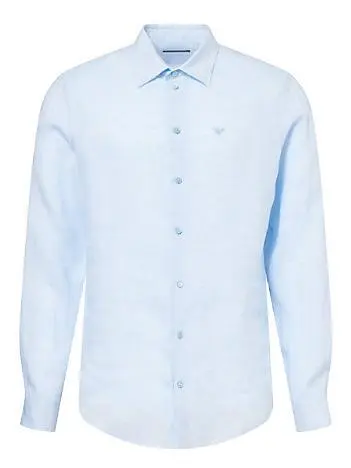 Emporio Armani Logo-embroidered Long-sleeve Linen Shirt - Azzurro Chiaro Melange