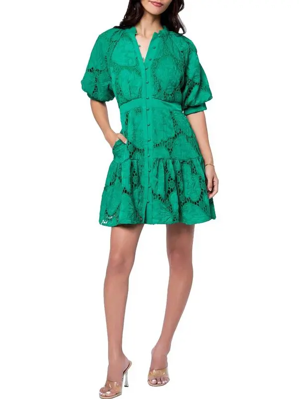 CIEBON Floral Embroidered Puff Sleeve Mini Dress - Green