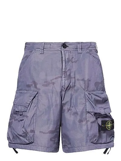 Stone Island Compass-badge Ripstop Camo Cotton-blend Cargo Shorts - Blue Grey