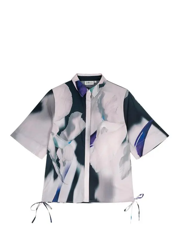 UNTITLED IN MOTION Ties Adjustable Short Sleeve Button-down Top - Shadow Iris Ivory