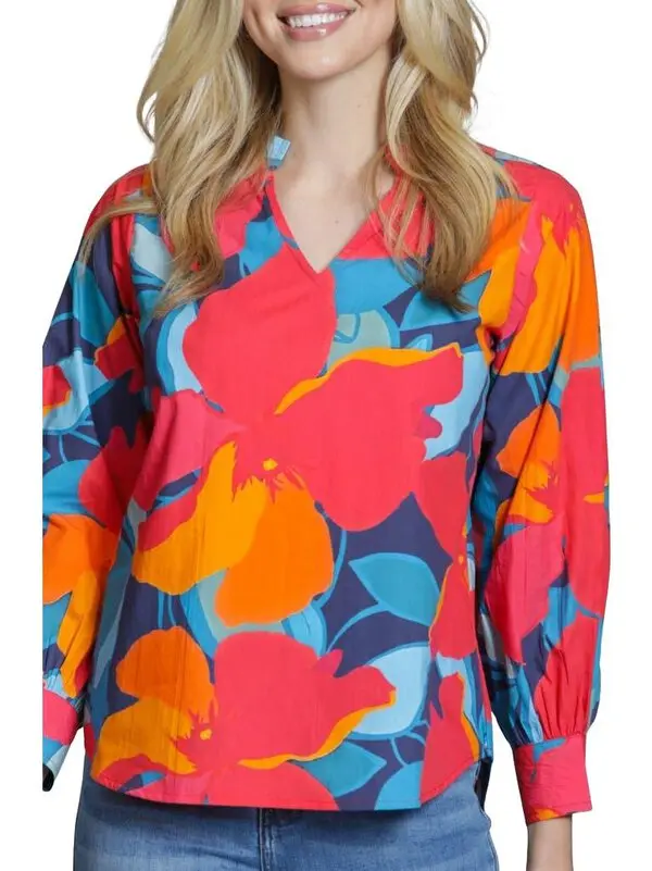 APNY Floral Print Split Neck Top - Hibiscus Multi
